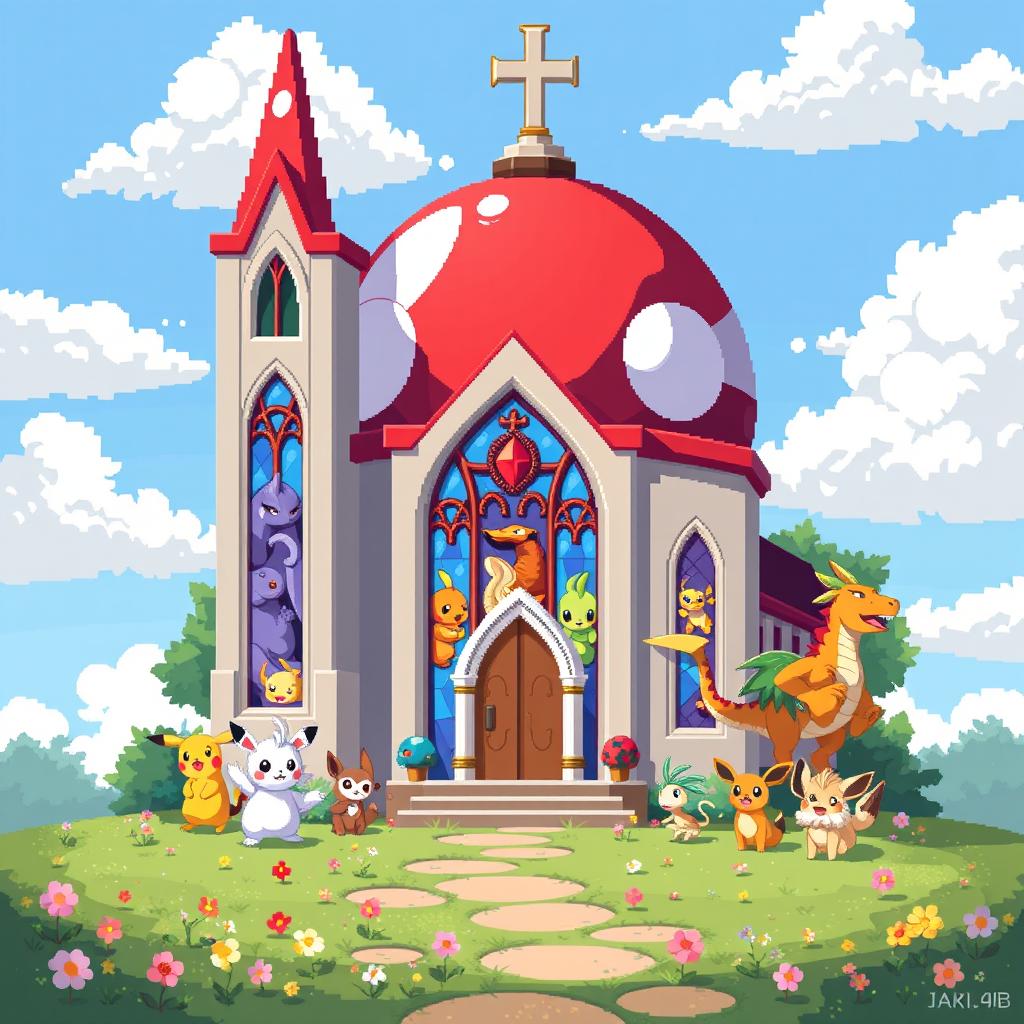 Whimsical Pokémon Church in Pixel Art