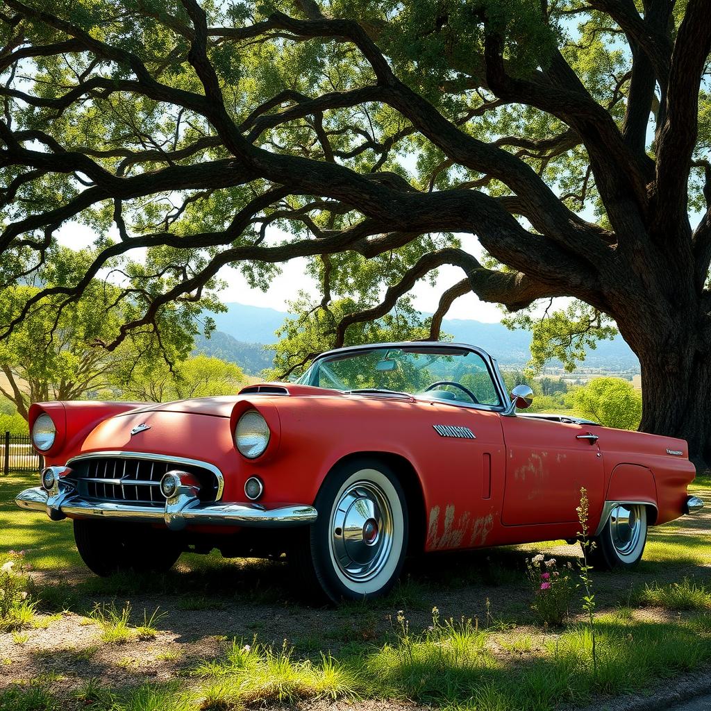 Vintage Red Convertible: A Nostalgic Scene Under an Oak Tree