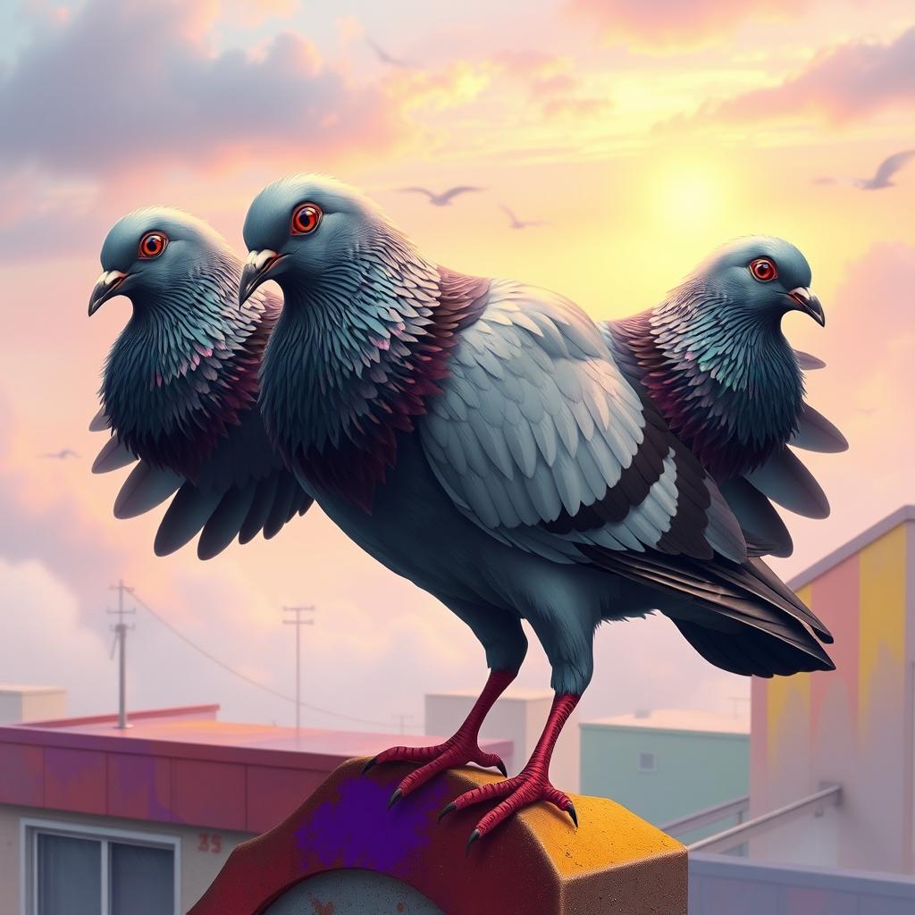 Surreal Pigeon Trio: A Fantastical Artwork of Three-Headed Bird