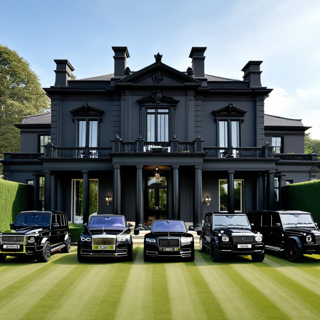 Opulent Two-Story Black Vintage Royal Mansion with Luxury Cars