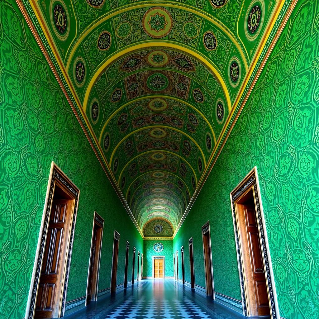 Elegant Iranian-Inspired Corridor Design: Vibrant Green Wallpaper ...