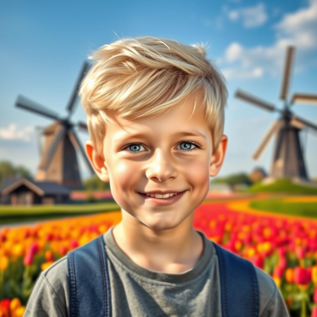 Cheerful Young Dutch Boy Portrait with Scenic Landscape