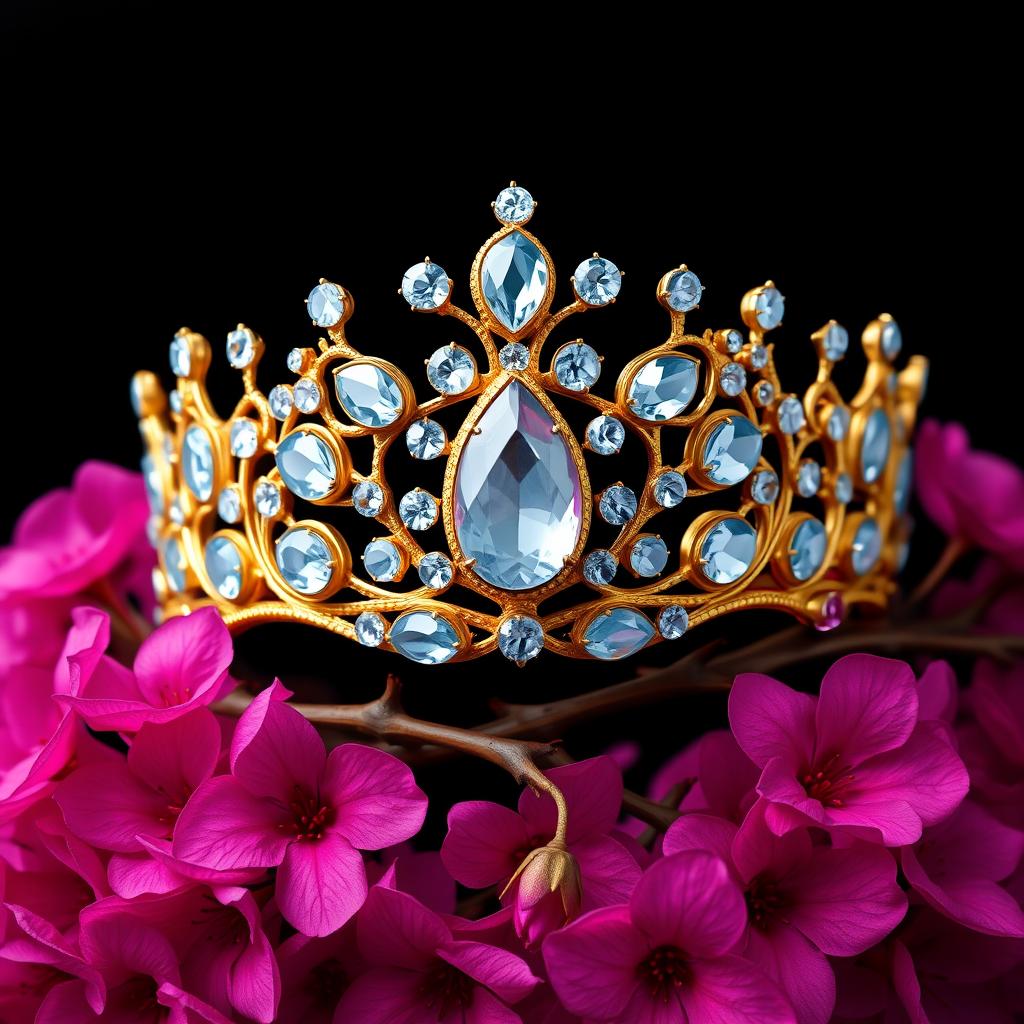 Elegant Golden Tiara with Blue and Magenta Gemstones