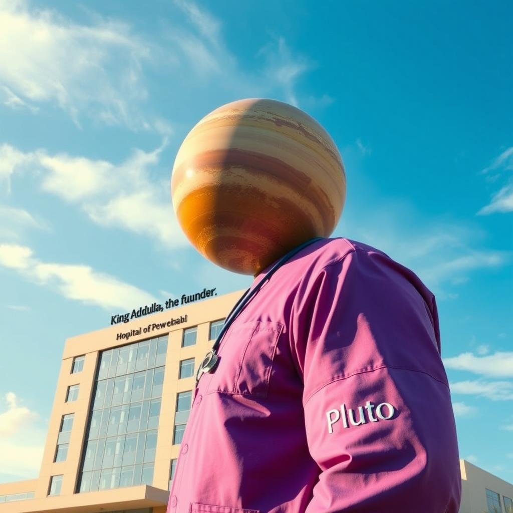 Giant Pluto Figure in Medical Scrubs at King Abdullah Hospital