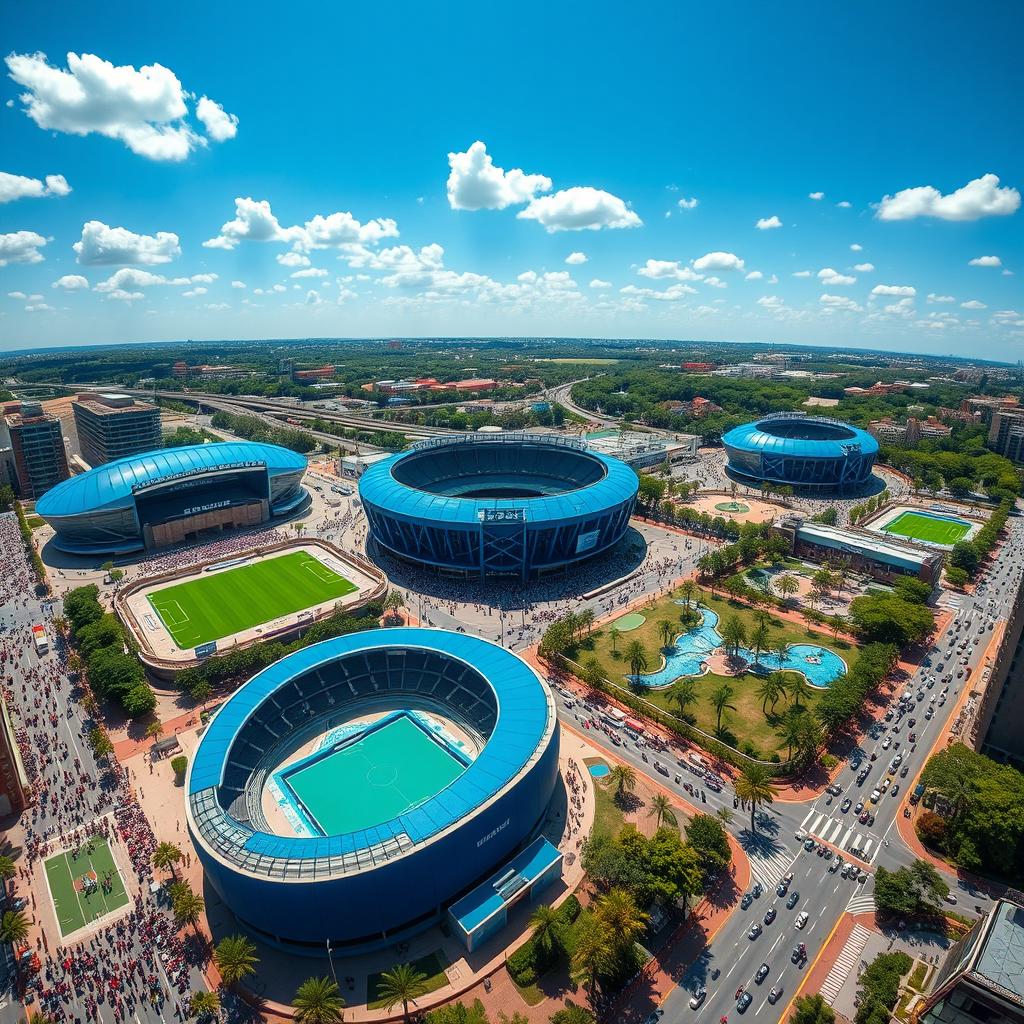 Aerial Wonders: Blue Stadiums in Urban Bliss