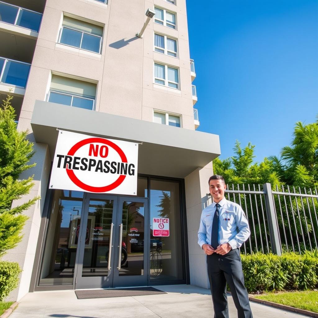 Secure Modern Apartment Entrance: No Trespassing Sign & Safety Features