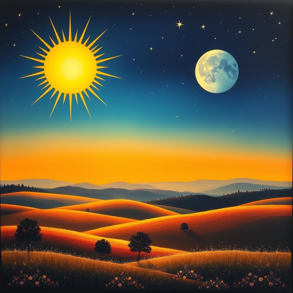 Celestial Harmony: Sun and Moon in a Dreamlike Landscape