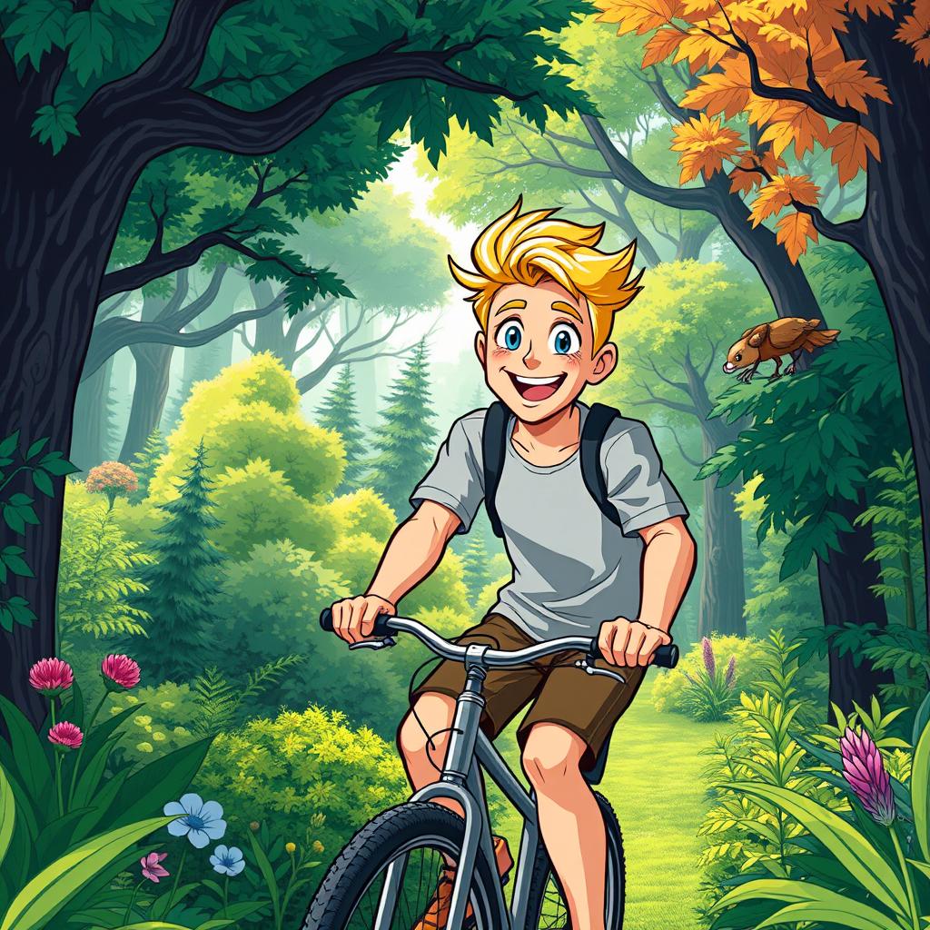 Joyful Ride: Comic Style Biker in a Lush Forest