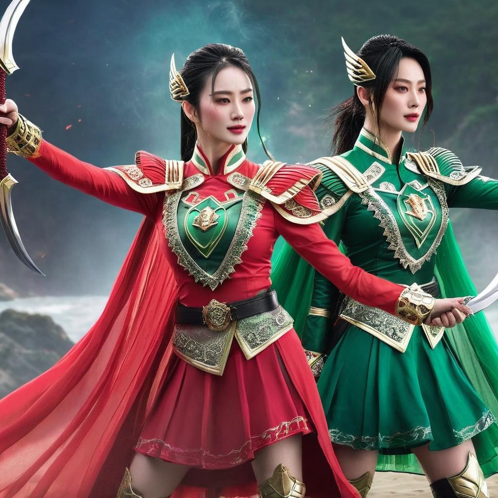 Dynamic Fantasy Illustration: Red & Green Rangers in a Mystical Realm