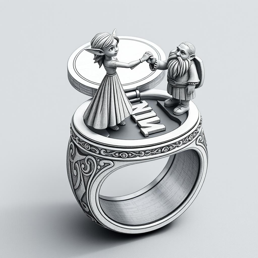 Enchanting Fantasy Ring Design with Hinged Lid - Elf & Dwarf Figurines