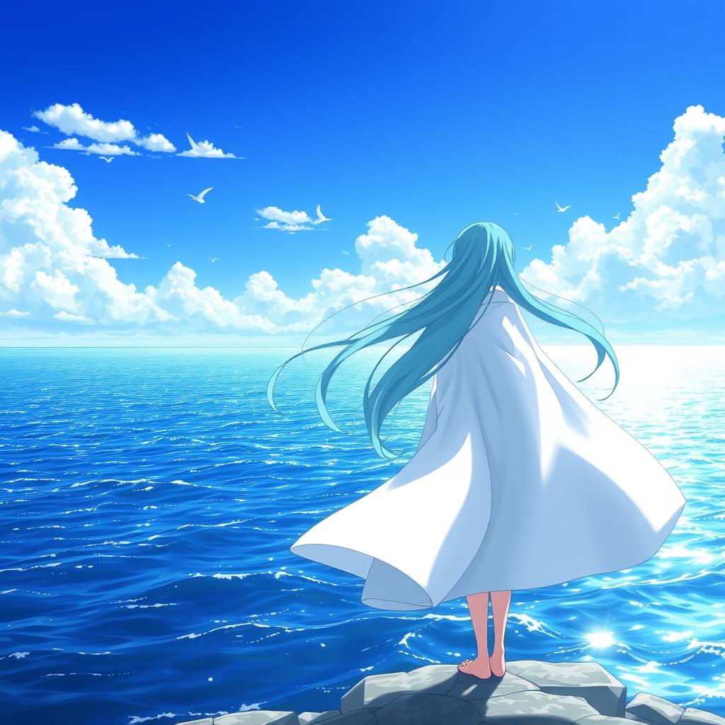 Anime Heroine Contemplates the Ocean's Mysteries