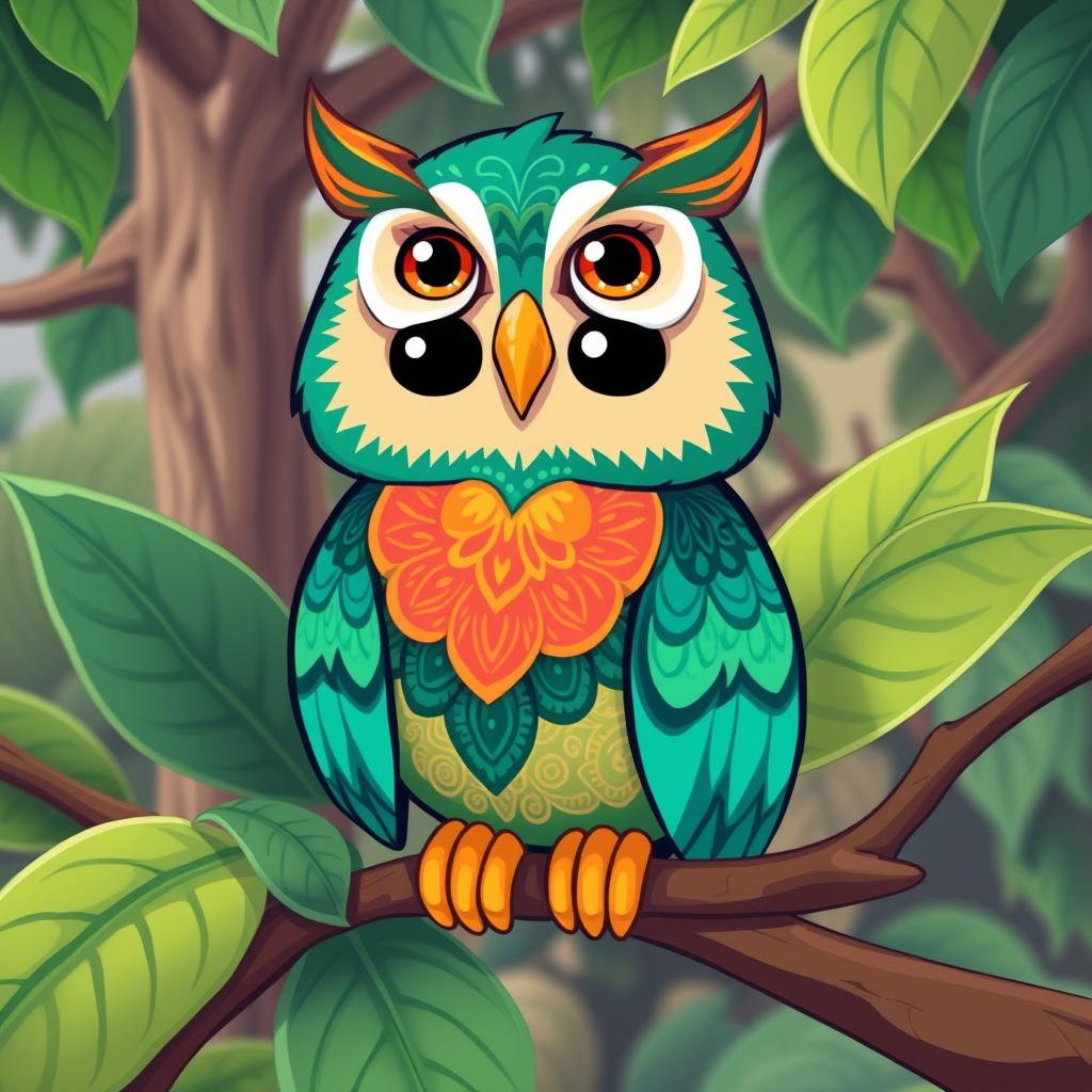 Whimsical Indonesian-Inspired Cartoon Owl Art - Idyllic