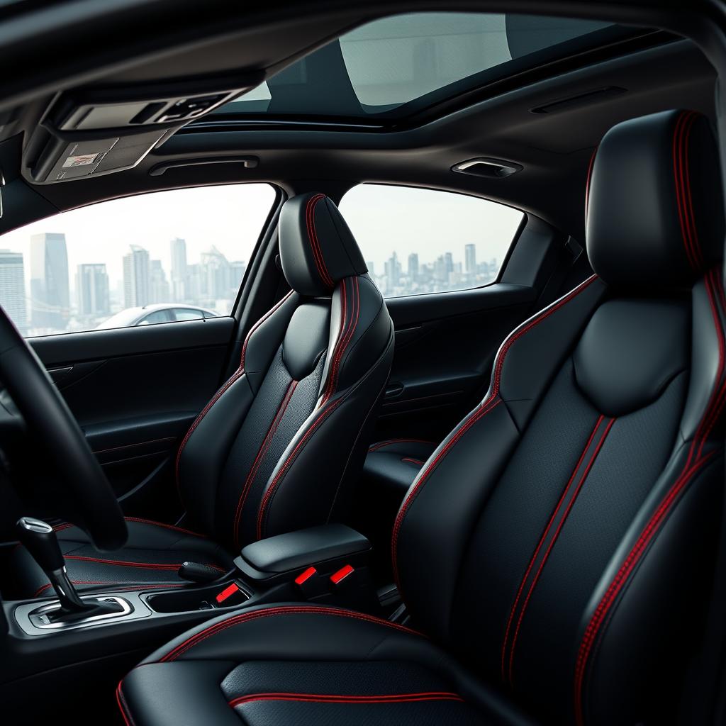 Luxury Modern Car Interior Design with Black Leather and Red Stitching