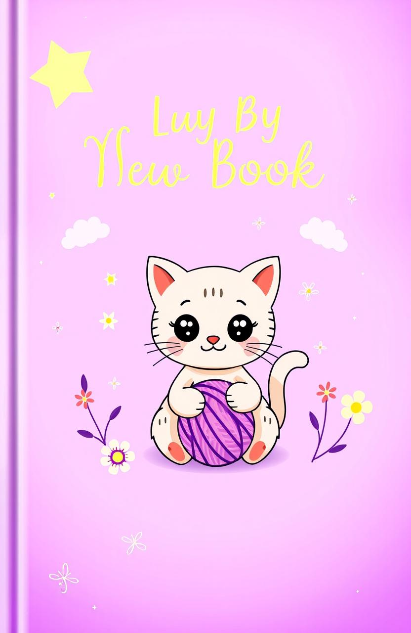 Whimsical Purple Book Cover Design with Playful Cat and Magical Elements