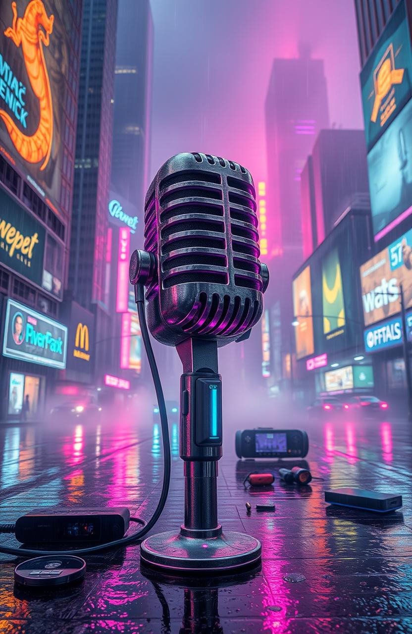 Vibrant Cyberpunk Scene with Retro Radio Microphone
