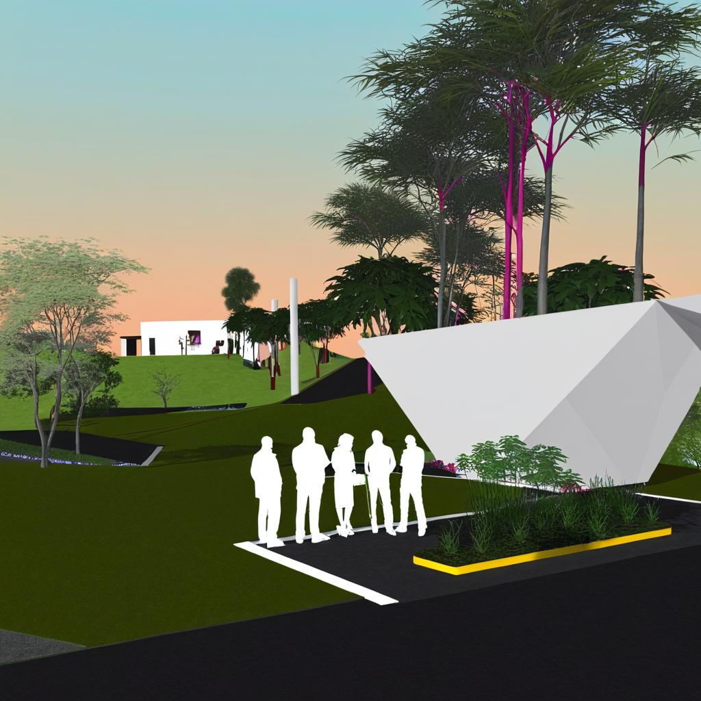 Stunning Architectural Rendering: Modern Landscaped Area at Sunset