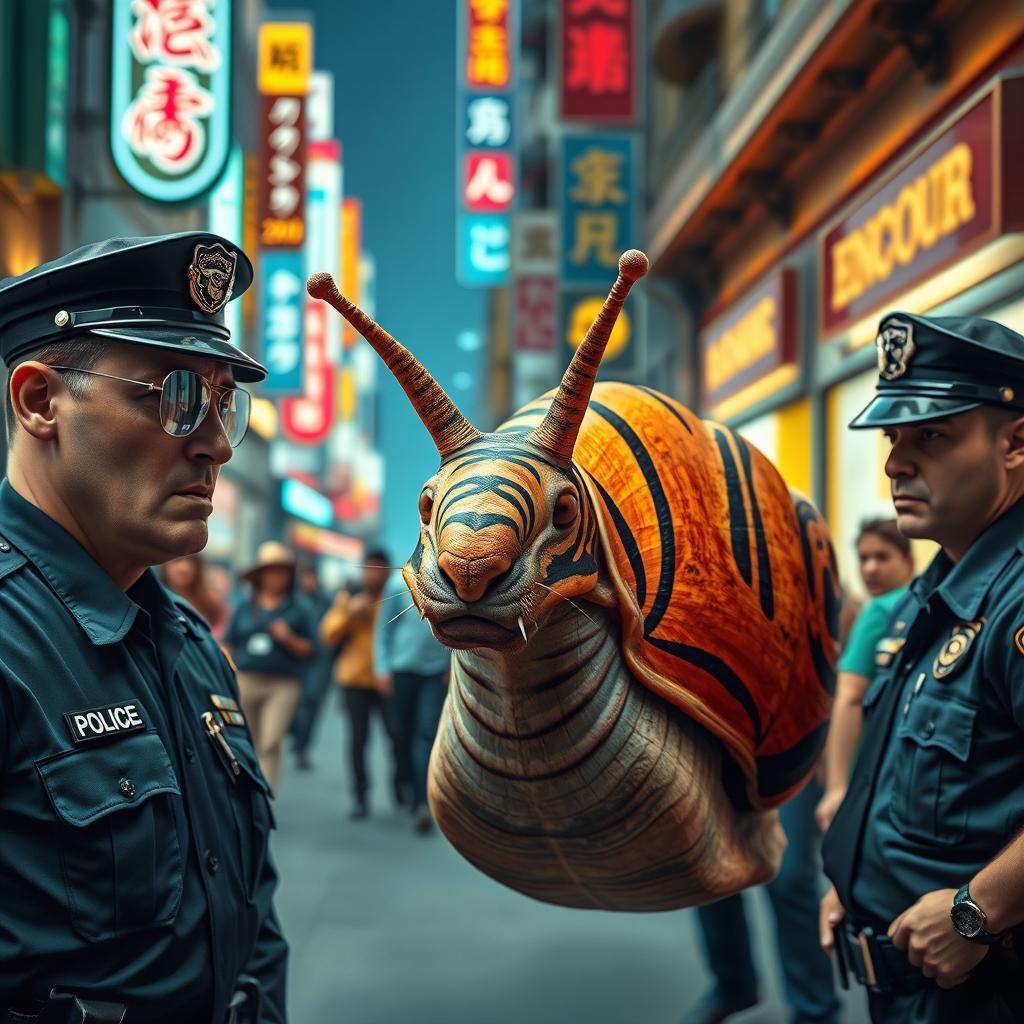 Surreal Confrontation: Tiger-Shelled Snail vs Police in Vibrant Urban Scene