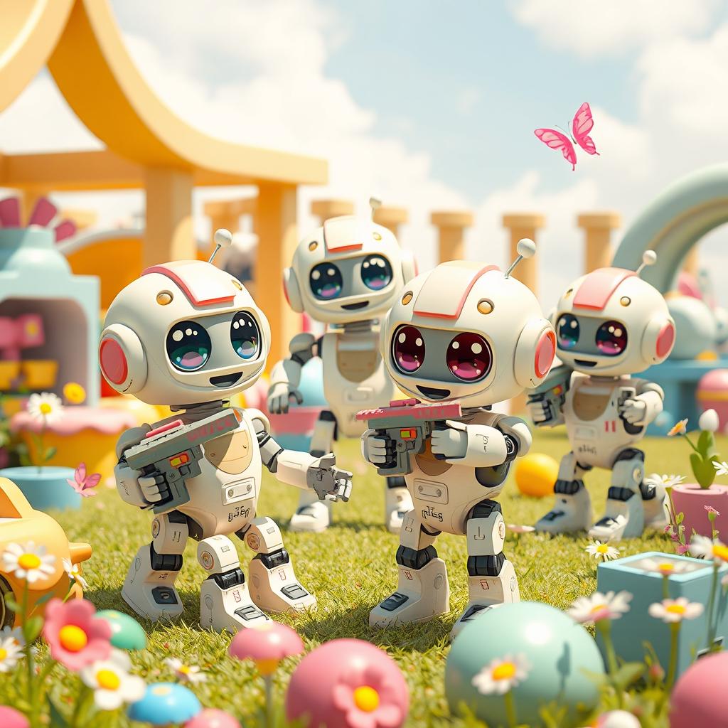 Adorable Baby War Robots Playing in a Whimsical Playground