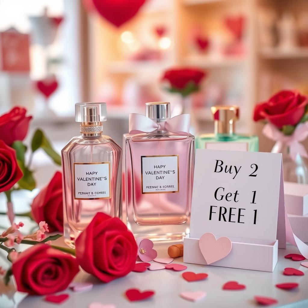 Charming Valentine's Day Perfume Display with Romantic Decor