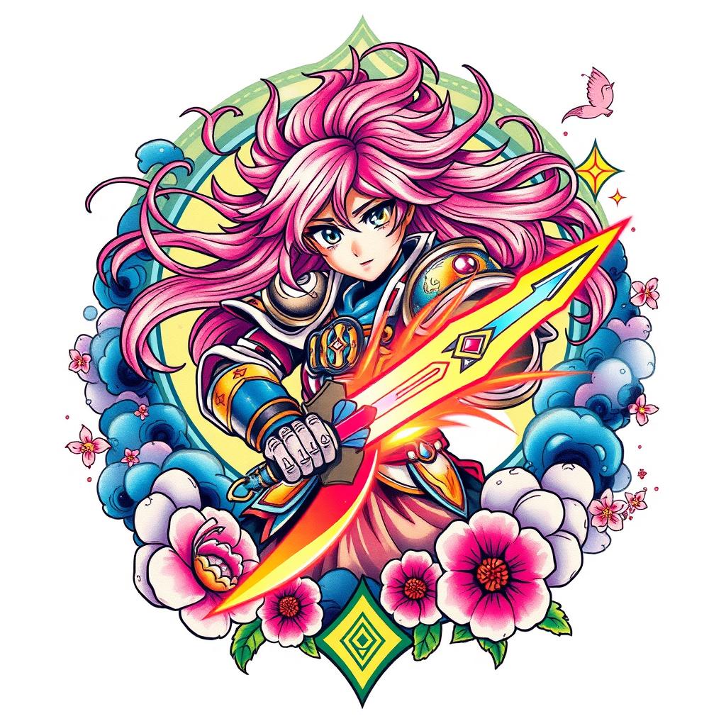 Vibrant Anime-Style Tattoo Design with Heroic Character and Magical ...