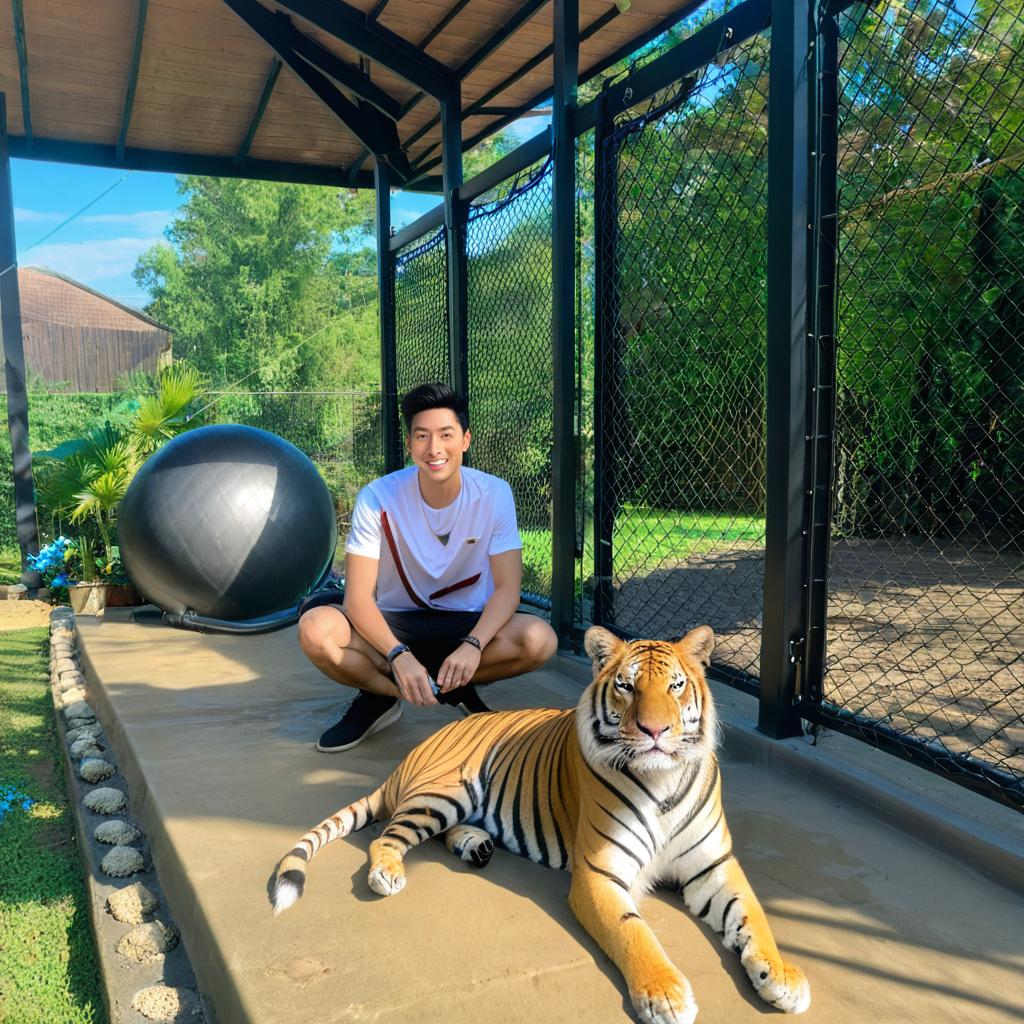 Young Man and Tiger: A Serene Encounter in Nature
