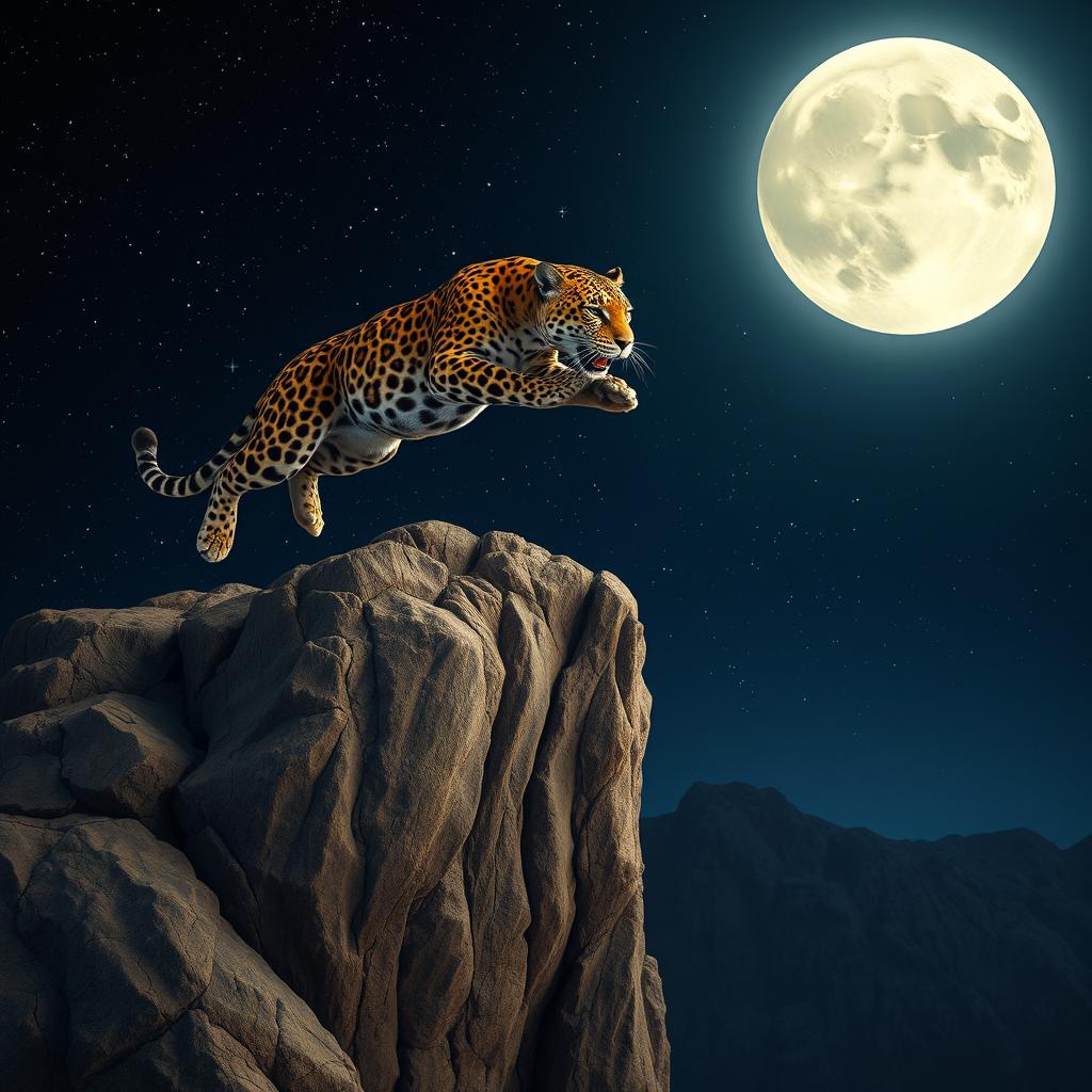 Majestic Leopard Leap Under a Starry Night | Idyllic AI