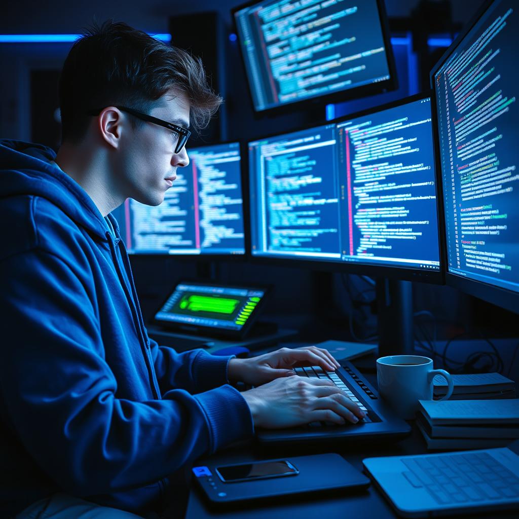 Focused Blue Programmer in a Creative Tech Environment