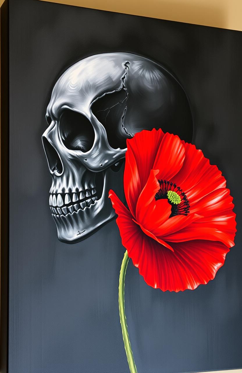 Bold Canvas Art: Red Poppy Meets Black Skull