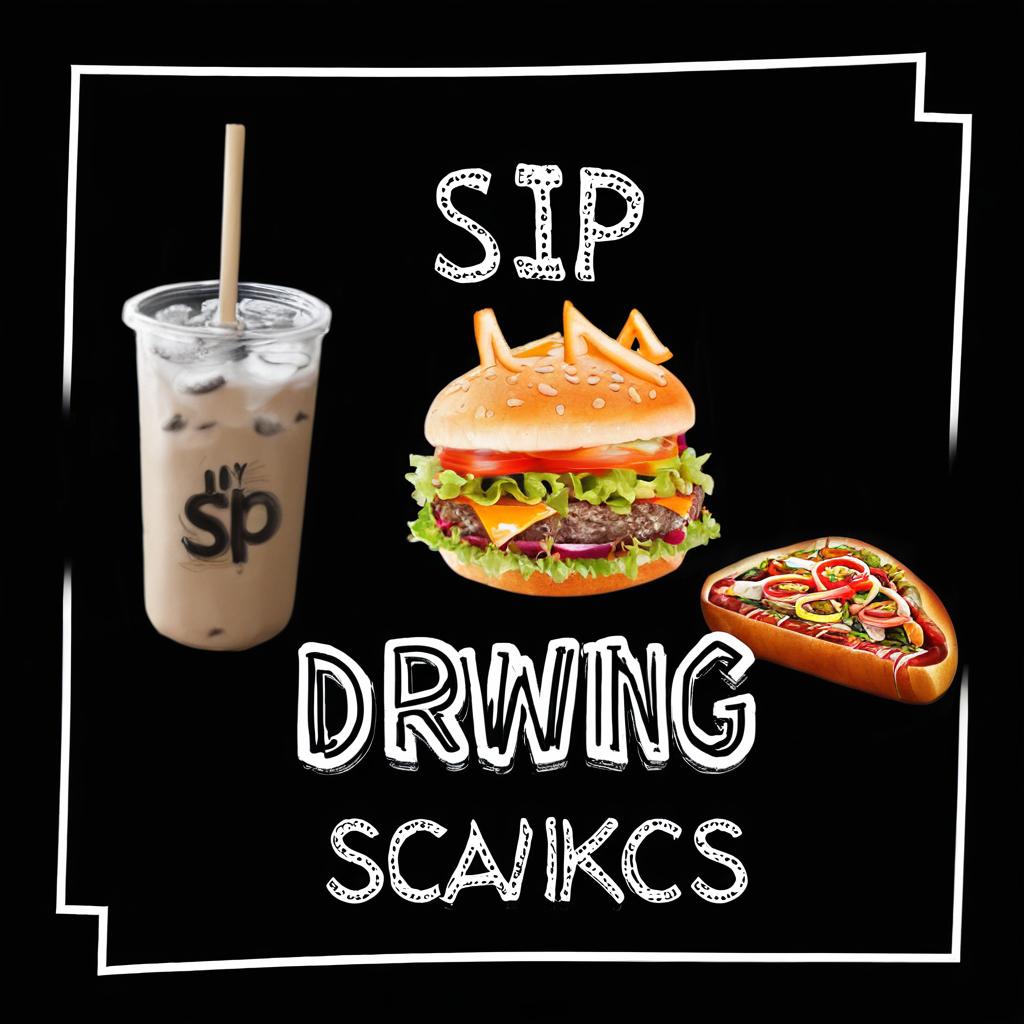 SIP SNACKS Logo Design: Vibrant Cheeseburger & Drinks