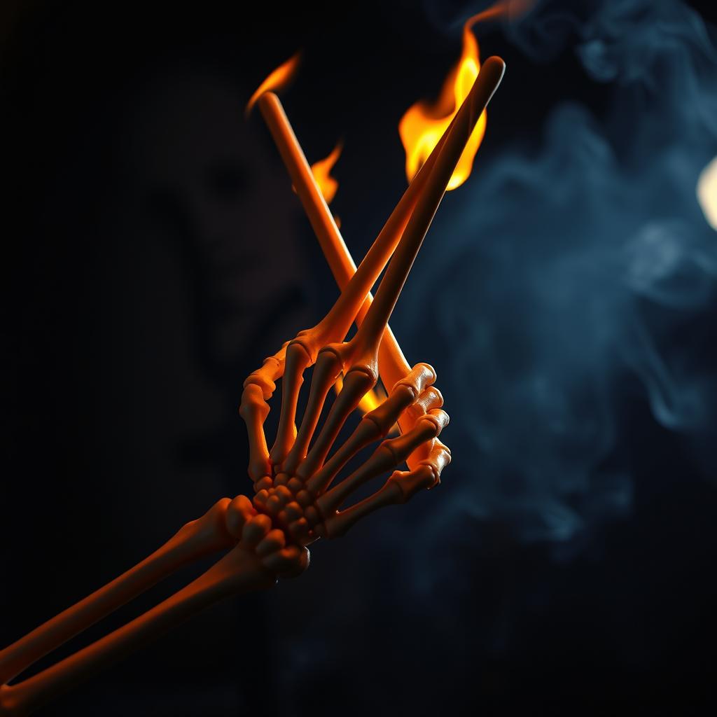 Eerie Skeleton Hand with Flaming Drumsticks