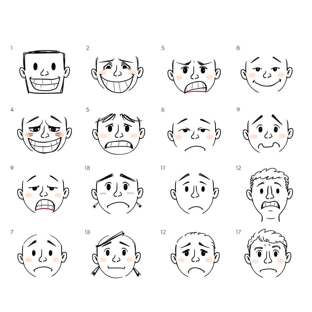 Emotional Expressions: A Hand-Drawn Grid of Sketch Faces