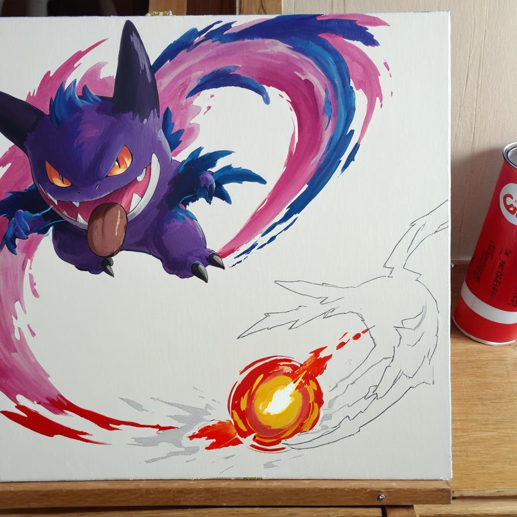 Dynamic Pokémon Battle: Gengar vs. Charizard Acrylic Painting