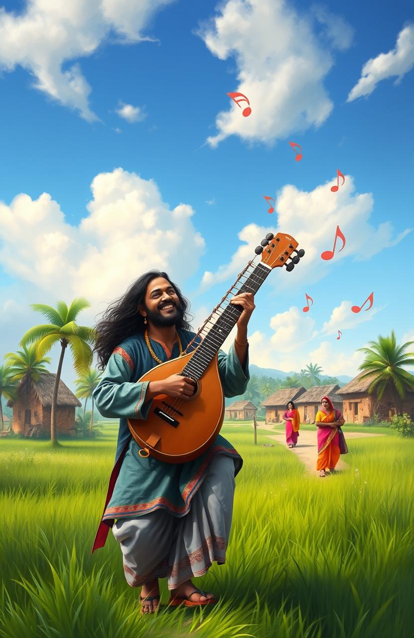 Enchanting Digital Art of a Baul Folk Singer in Vibrant Village Scene