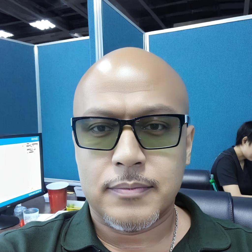 Professional Portrait of a Serious Bald Man in Modern Office Setting