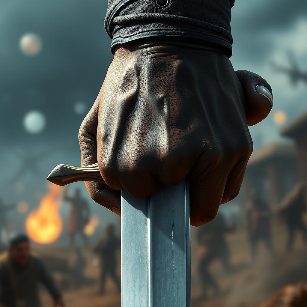 Epic Close-Up of a Heroic Black Character's Grasp on a Sword