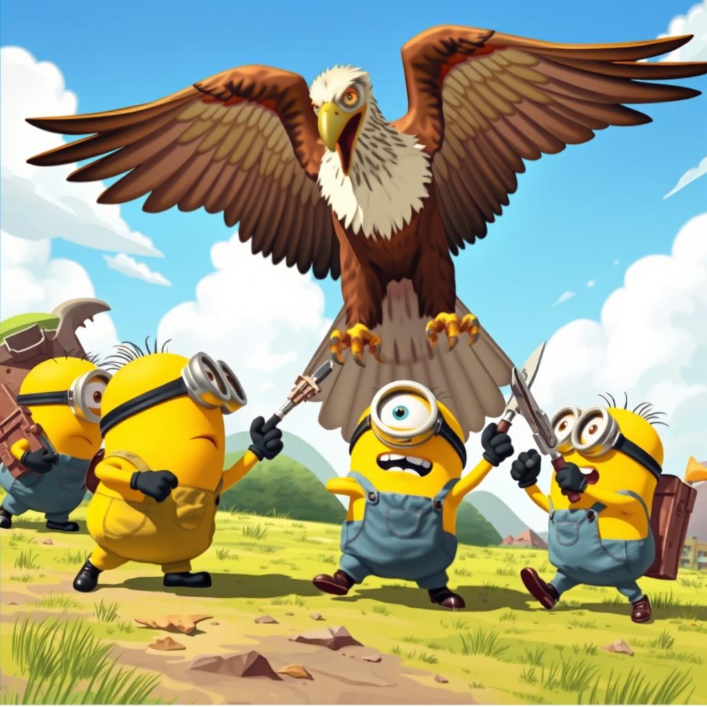 Whimsical Minion Showdown: Cartoonish Battle Against a Giant Falcon
