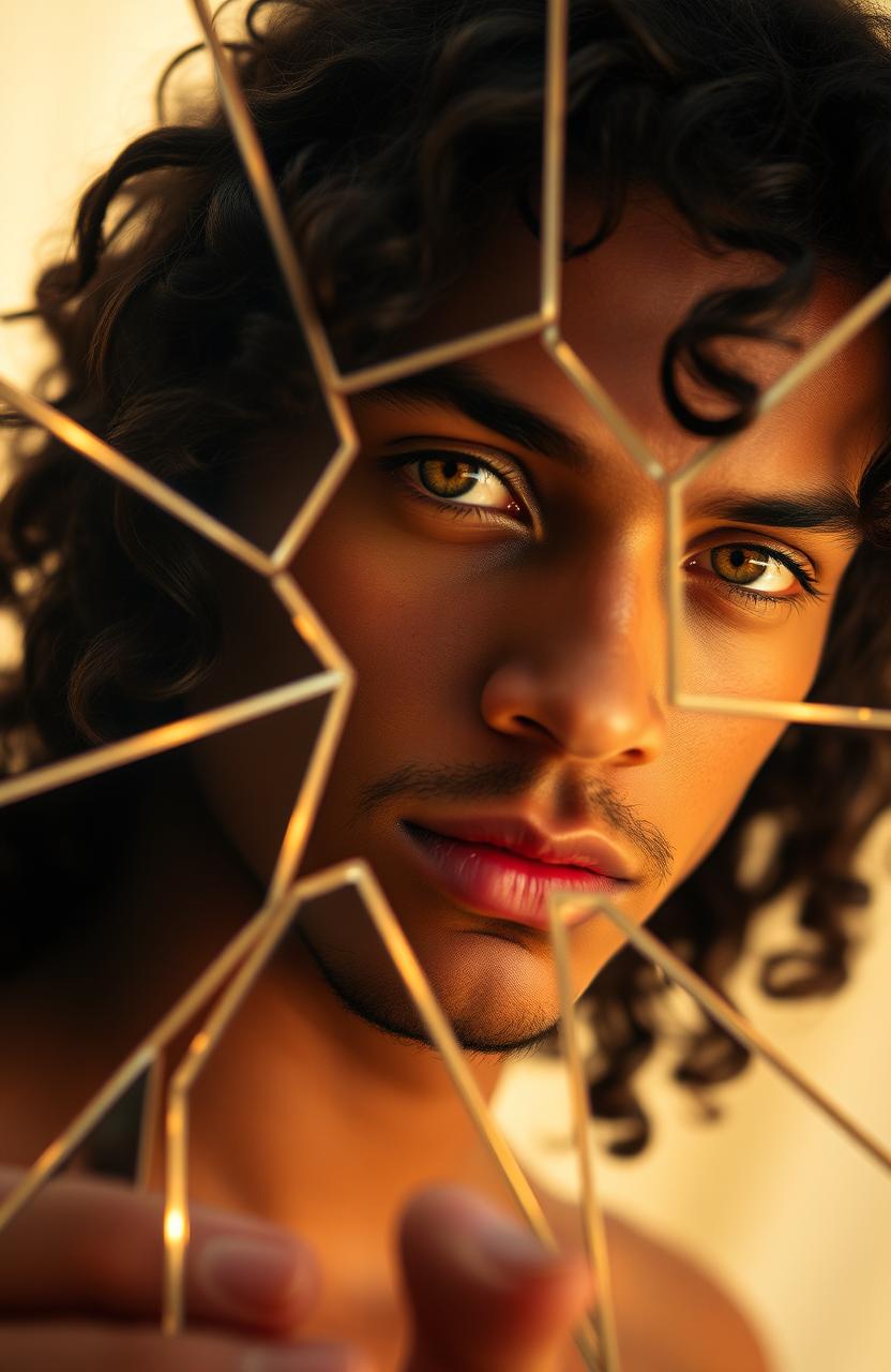 Introspective Reflection: A Young Man's Dreamy Portrait in Fractured Mirror