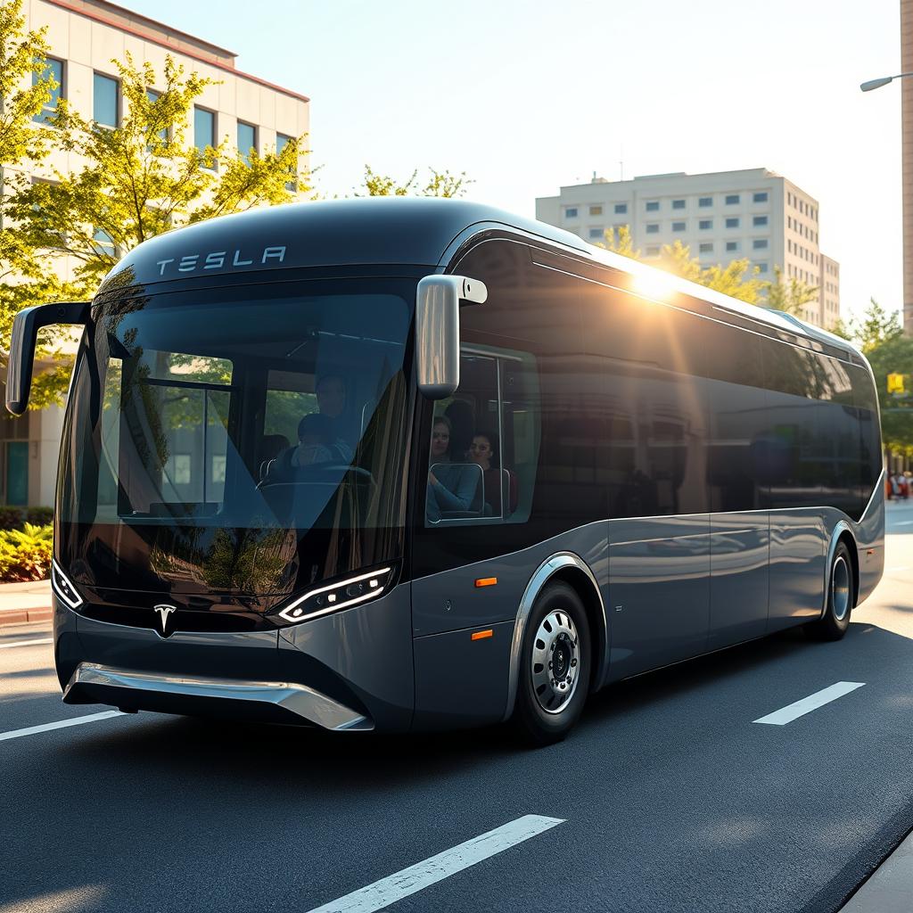 Futuristic Tesla Electric Bus in Vibrant Urban Setting