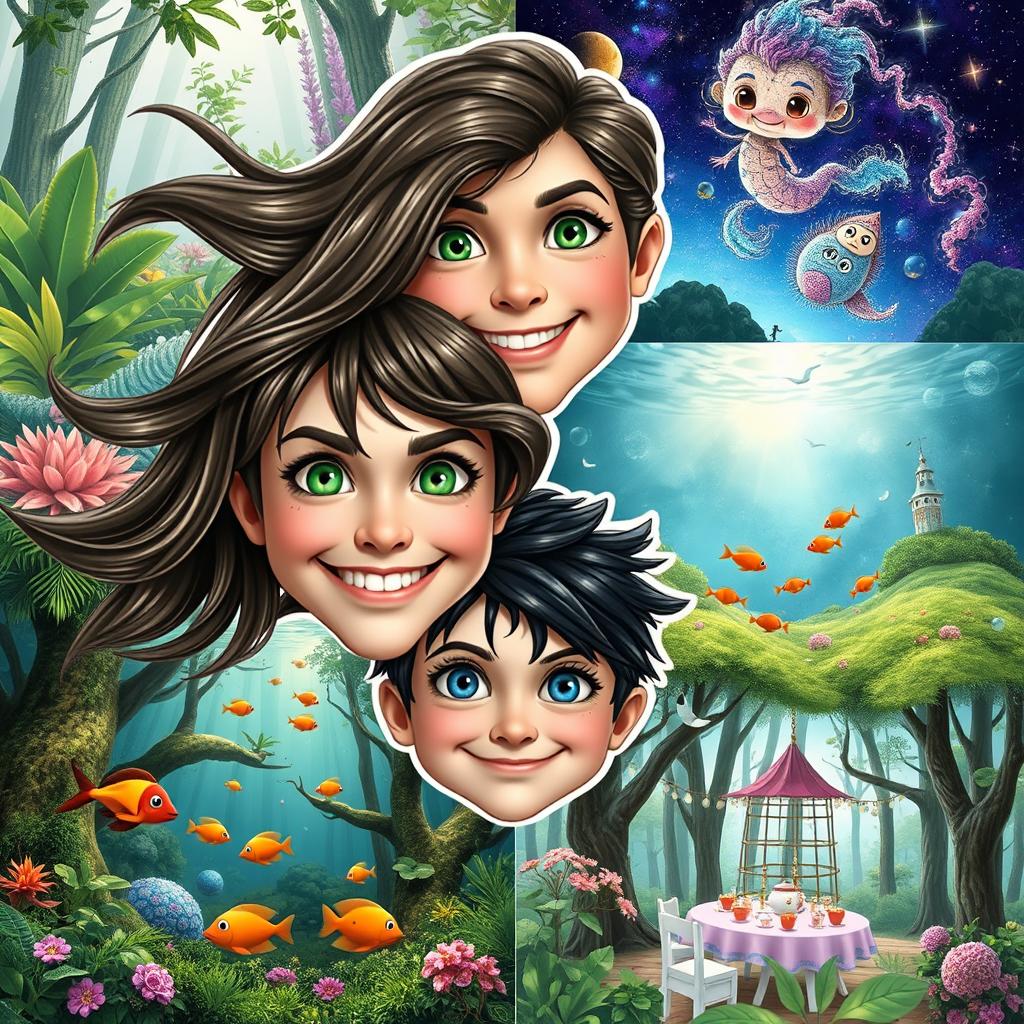 Whimsical Collage: Two Faces Exploring Fantastical Worlds