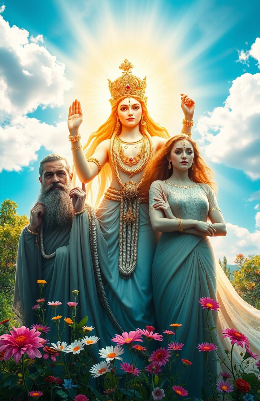 Celestial Unity: A Majestic Deity with Man and Woman in Harmony