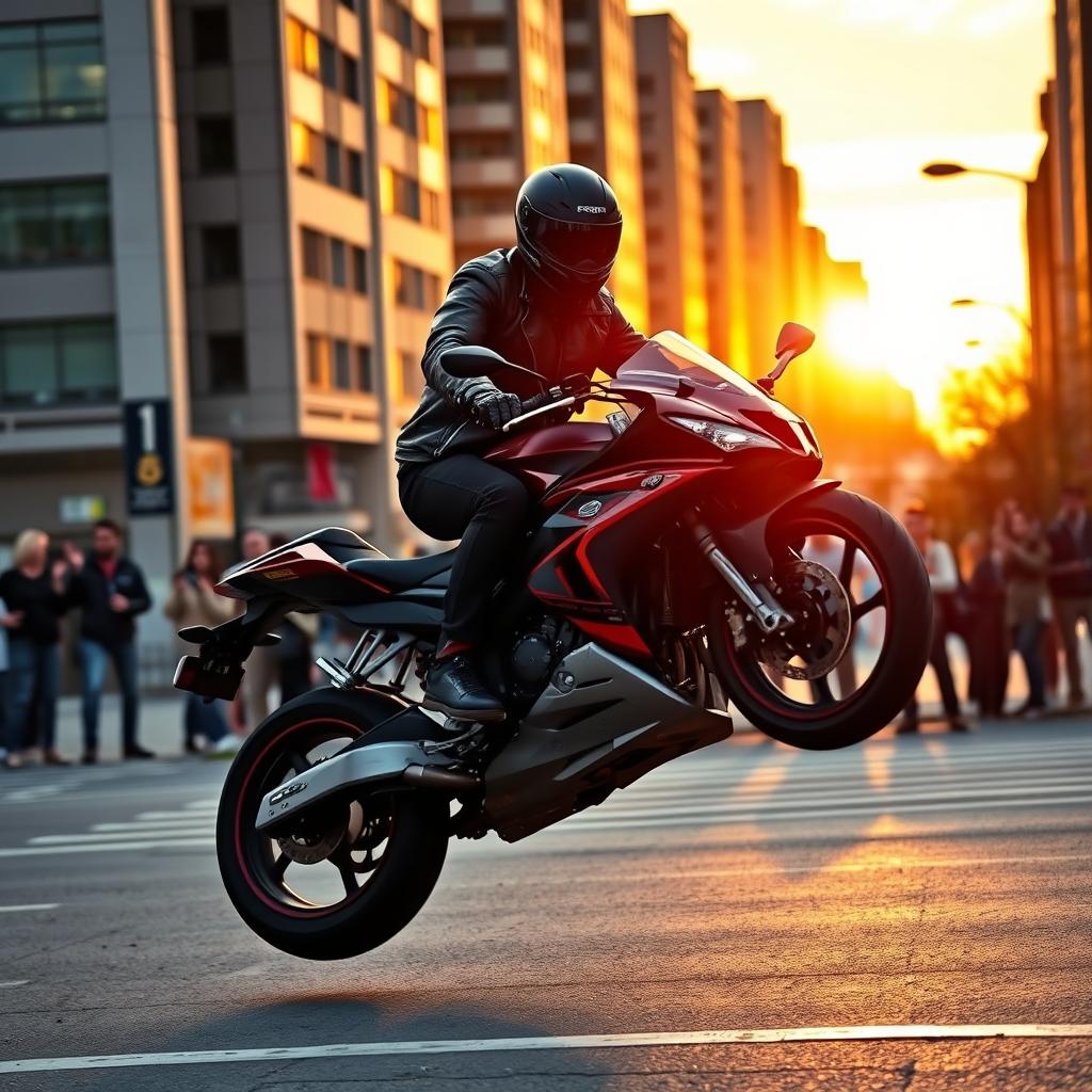 Adrenaline Rush: Motorcycle Wheelie in a Vibrant City