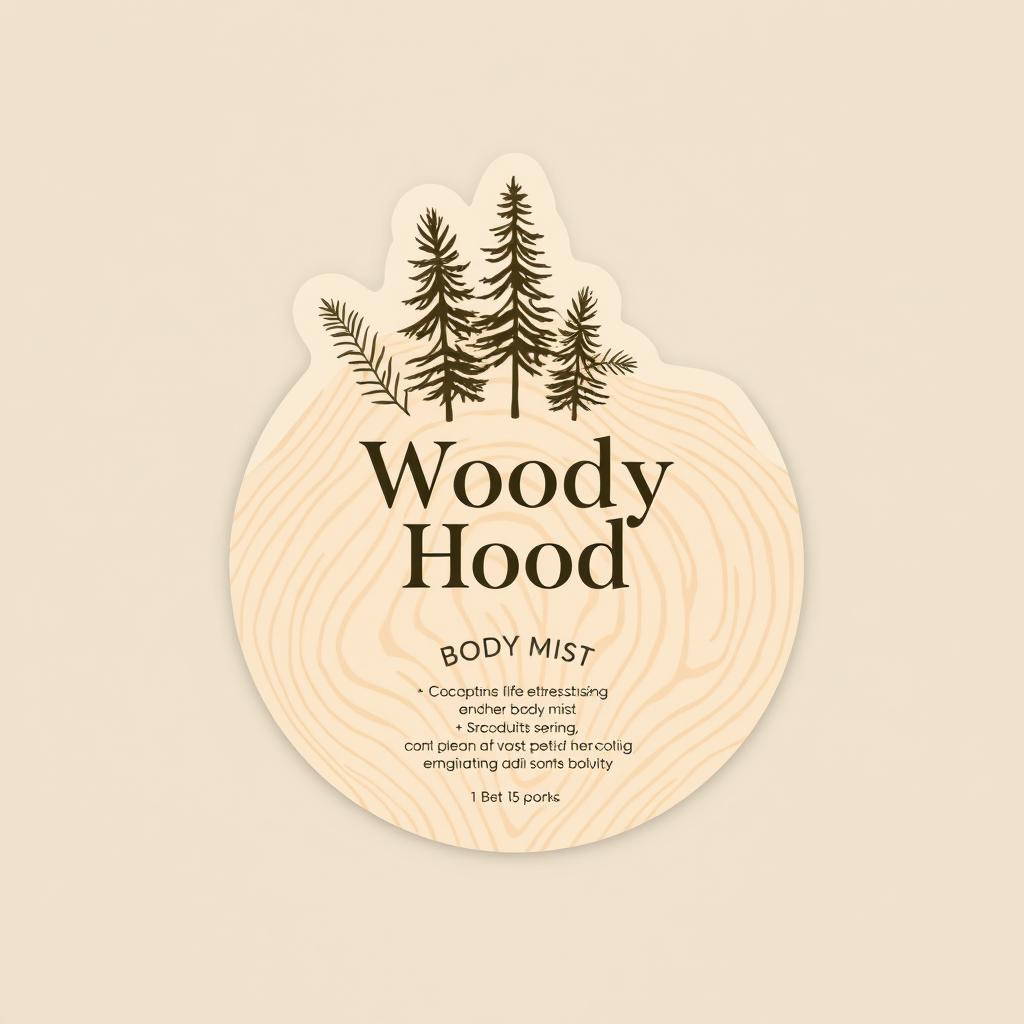 Design an Aesthetic Label Sticker for 'Woody Hood' Body Mist