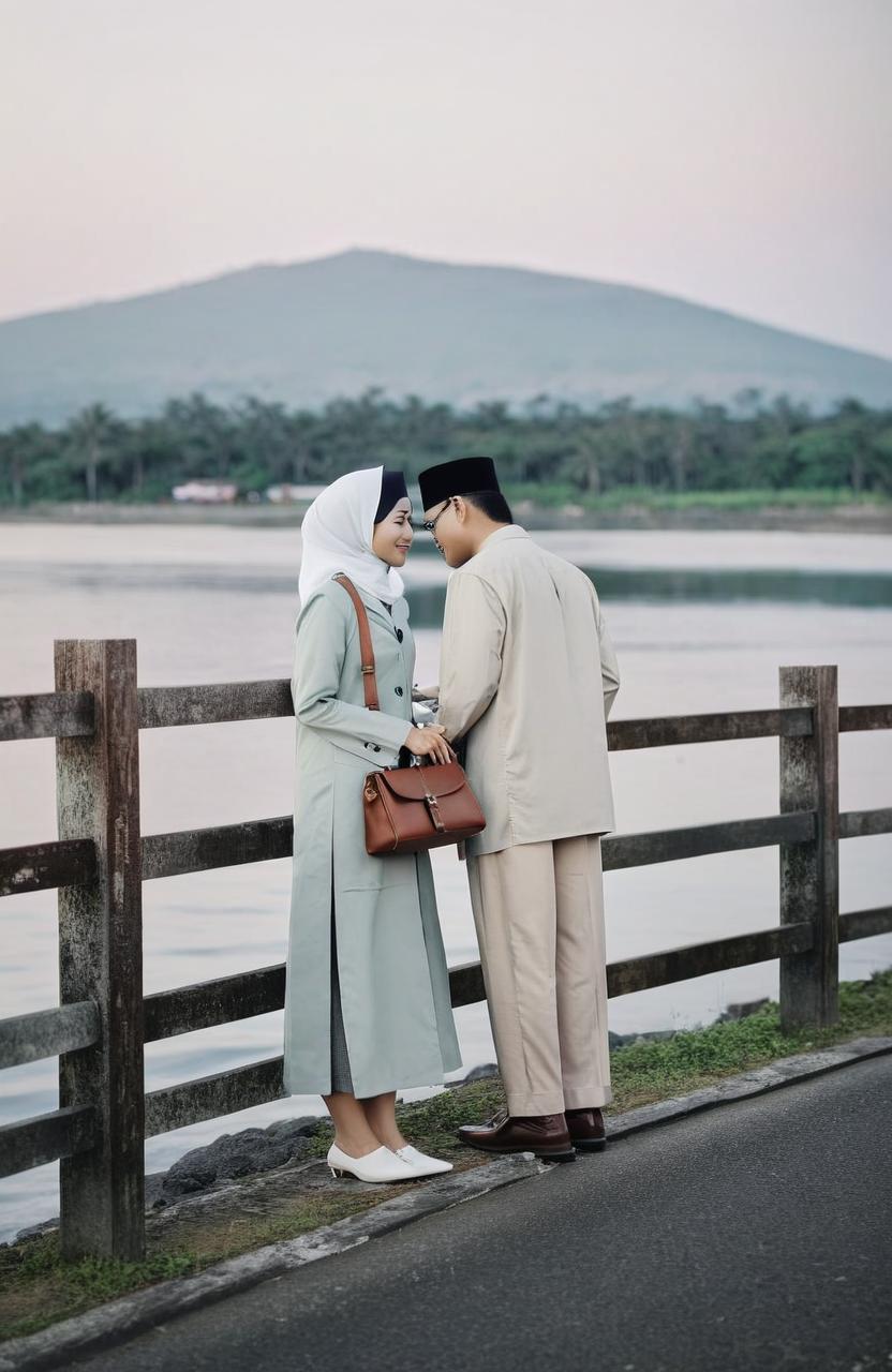 Romantic Lakeside Scene: A Muslim Couple by Mount Fuji