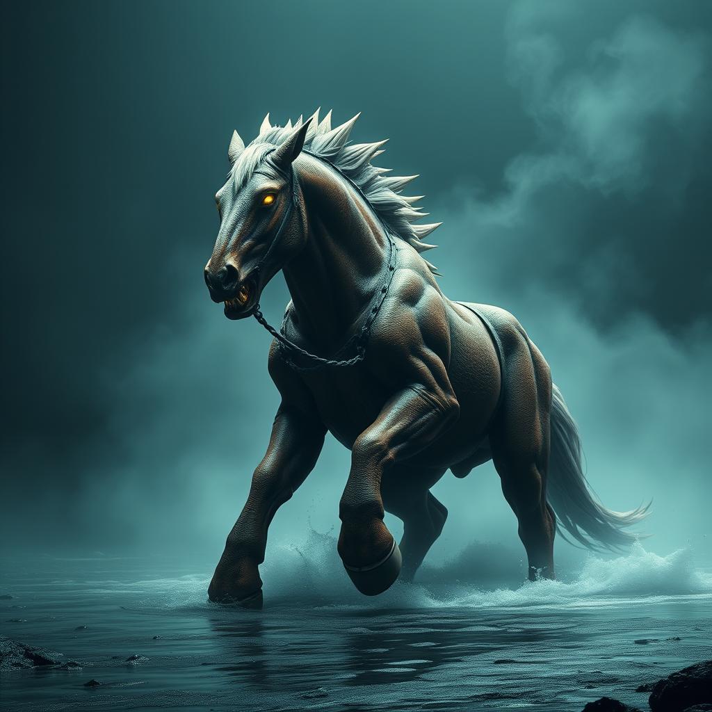 Terrifying Hybrid Creature: Man & Horse Fusion in Misty River
