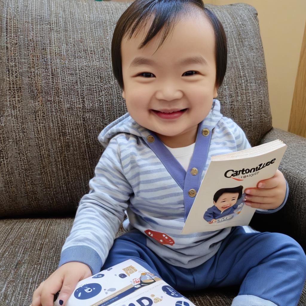 Cheerful Toddler Reading - Whimsical Cartoon Illustration