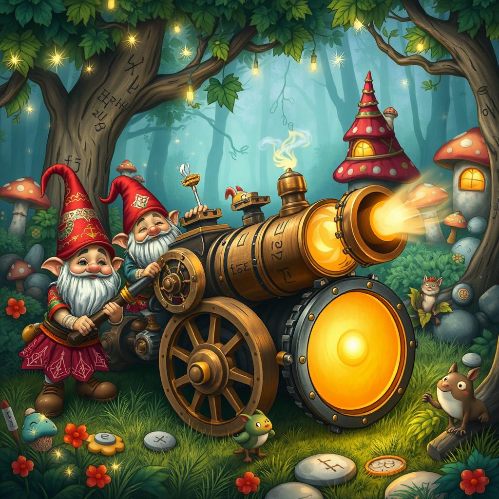 Whimsical & Realistic Gnomes Operating Artillery in Enchanted Landscapes