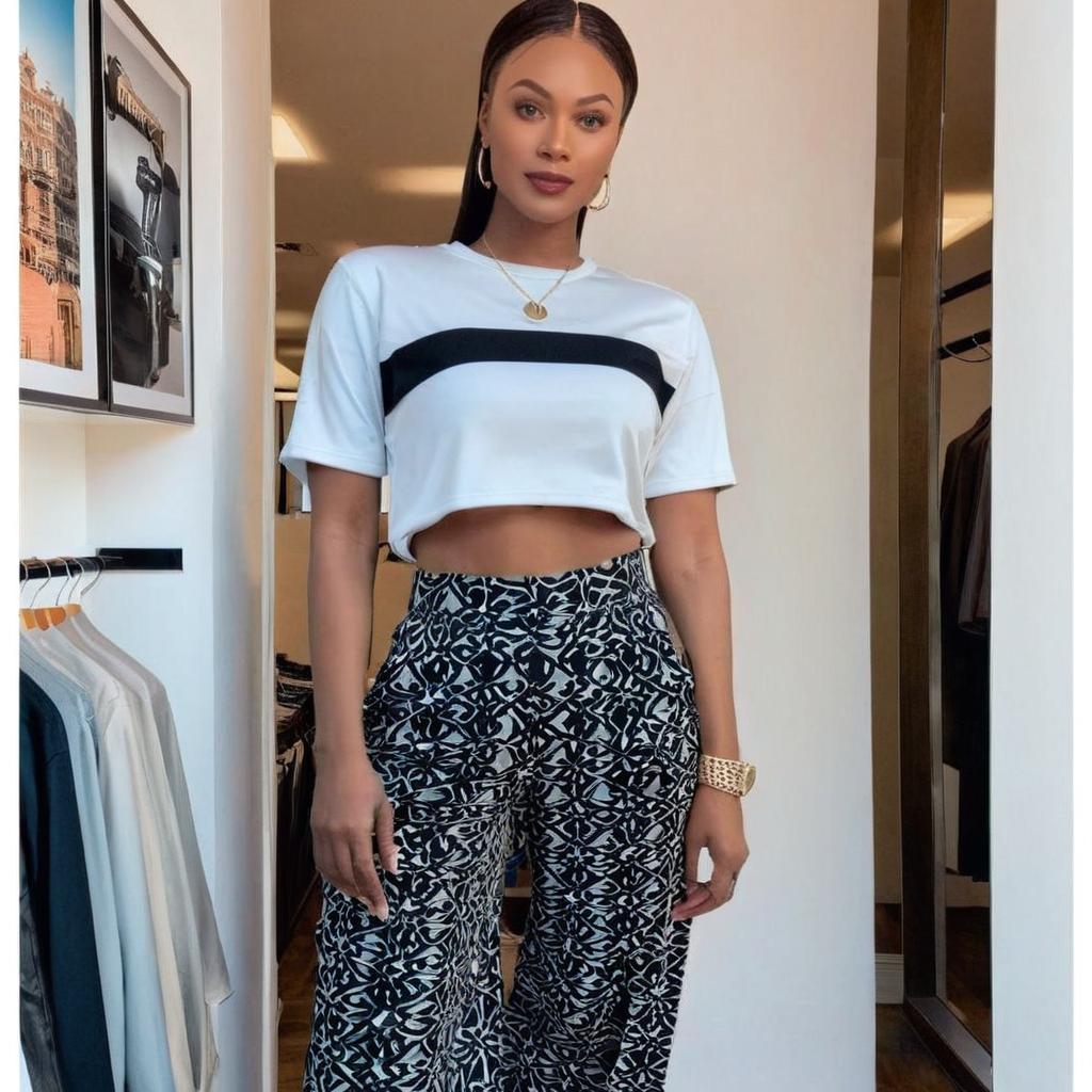 Chic Black and White Abstract Outfit with Colorful Pants