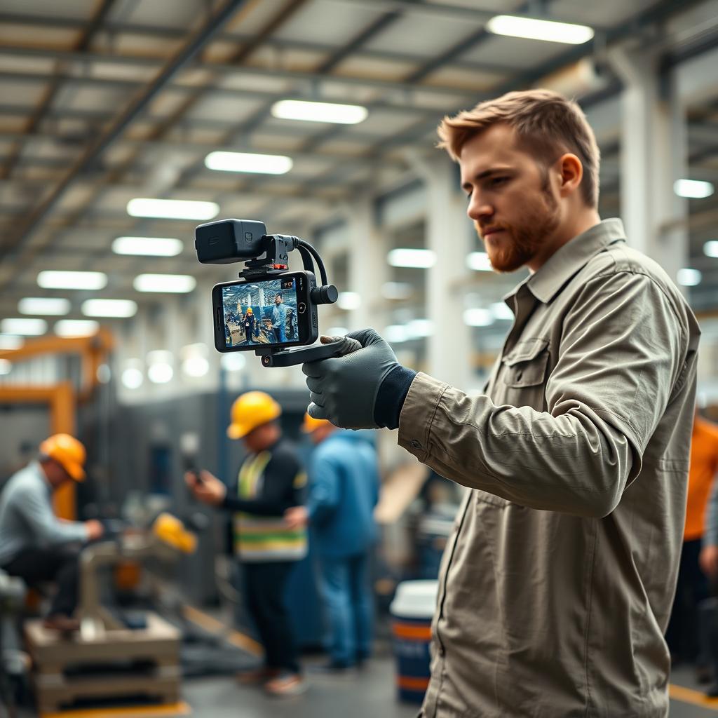 Capture the Action: A Professional Man Filming in a Modern Industry
