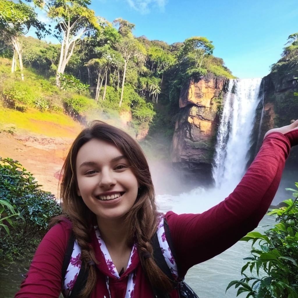 Joyful Adventure: Young Girl Smiling at a Stunning Waterfall