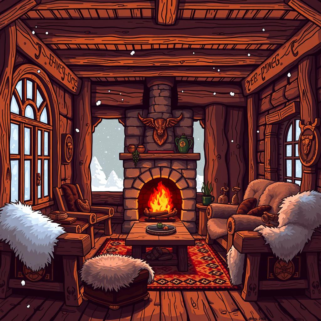 Cozy Viking Indoor Scene in 64-Bit Pixel Art | Idyllic